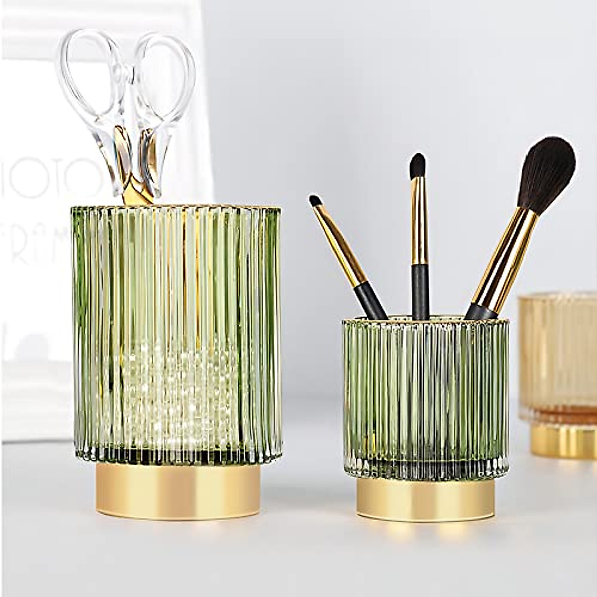 DASITON Makeup Brush holder Organizer,Crystal Cosmetic Makeup Brush Glass Brushes Storage Holder, Vintage Make Up Brush Cup Pen Pencil Holder striped vase(Green S+L
