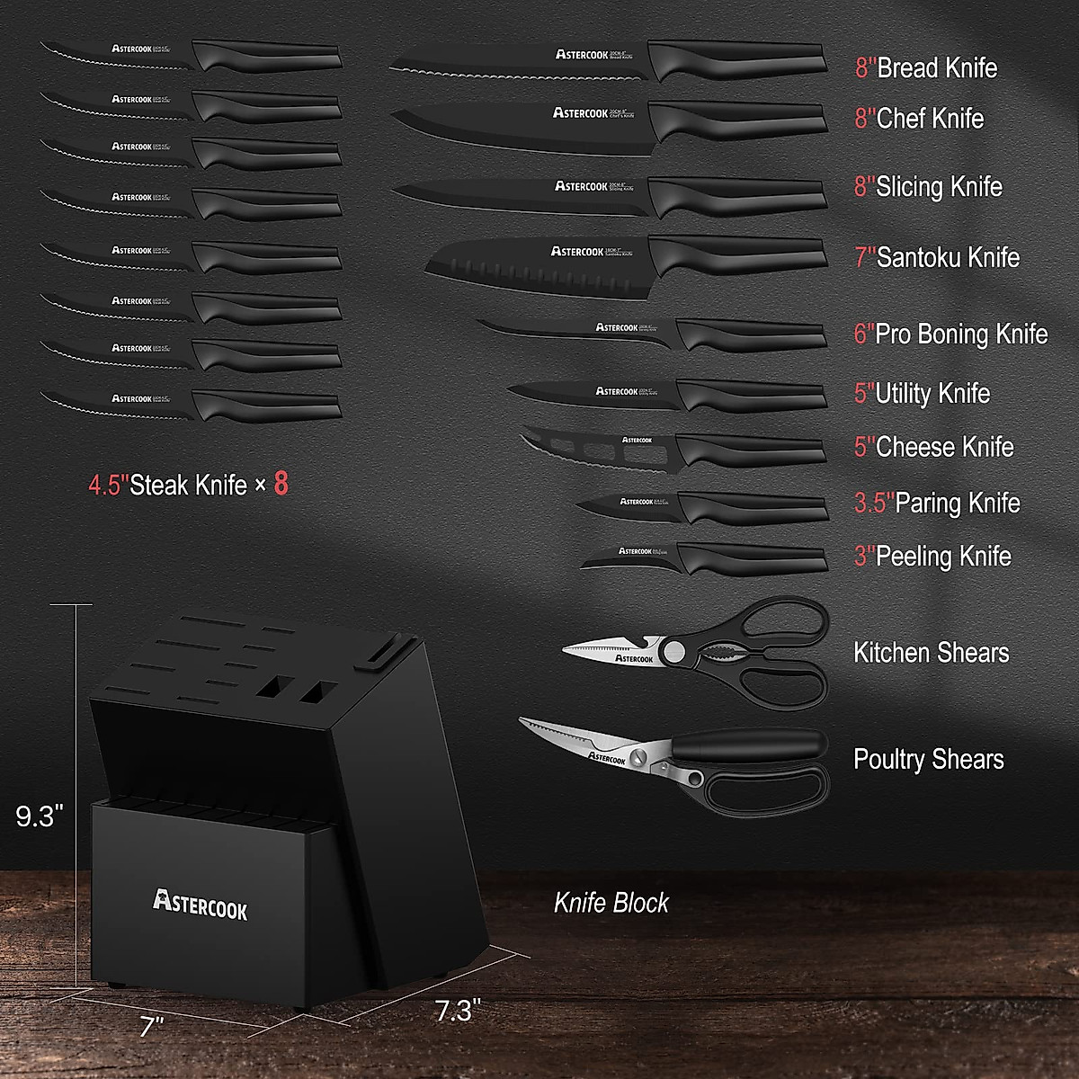 Knife Set, Astercook 21 Pieces Knife Sets for Kitchen with Block, Dishwasher Safe Kitchen Knife Set with Built-in Sharpener, German Stainless Steel Black Knife Block Set