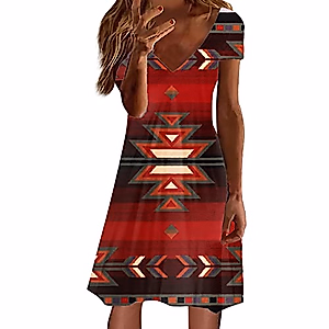 DUOWEI Ladies Casual Short Sleeve V Neck Dress Retro Print Mid Length Knee Length Skirt Red