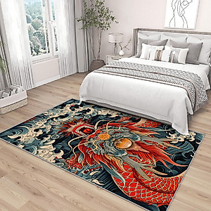 Yoozitrees Japanese Rug 5x7 - Chinese Dragon Rug, 8x10 Rug, Fantasy Animal Great Wave Area Rug, Oriental Asian Carpet, Washable & Non Slip & Soft Large Rugs, Chinese Dragon Home Decor Gifts