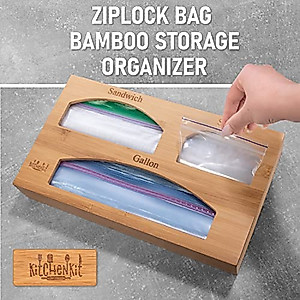 KitchenKit Bamboo Ziplock Bag Storage Organizer and Dispenser for Narrow Kitchen Drawer Suitable Gallon, Sandwich Snack Sizes, Plastic Baggies 3 Compartments Wooden Holder