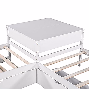 P PURLOVE L Shaped Twin Platform Bed with 2 Drawers, Wooden Platform Bed Frame with Trundle, Platform Bed with Built-in Square Table, Easy Assembly, No Box Spring Required, White