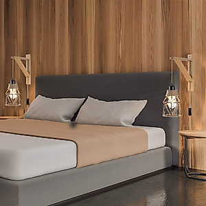 MUEOF Industrial Plug in Wall Sconce Set of 2, with 8.2ft Hemp Rope Cord, On/Off Switch,Farmhouse Wall Light with Metal Shade and Wood Bracket for Bedroom Living Room.