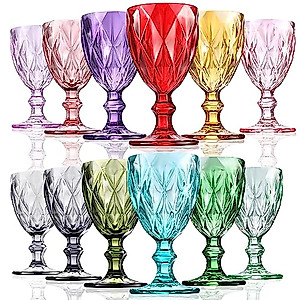 meekoo 12 Pcs Red Wine Glass Colored Glass Goblet 8 oz Stemmed Glassware Colorful Wine Glass Drinking Glass with Stem Vintage Pattern Embossed High Clear for Wedding Party Banquet Feast, 12 Colors