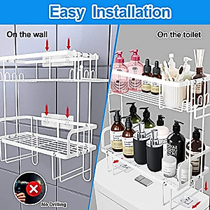 Over The Toilet Storage Shelf,2-Tier Space Saver Bathroom Storage Organizer Shelves,Multifunctional Iron Rack with Toilet Paper Holder & Hanging Hook,No Drilling Wall Mounted Restroom Holder(White)