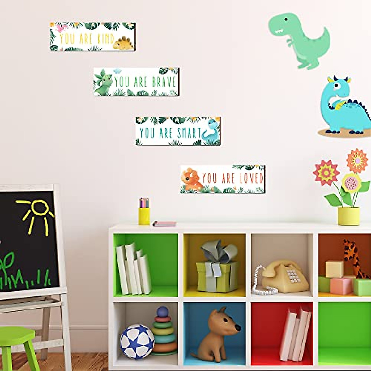 UBTKEY Dinosaur Room Decor for Boys, Dinosaur Wall Decor for Boys Nursery Room Bedroom, 4 Pieces Inspirational Dinosaur Wall Art Wall Decorations for Boys Room Classroom Bedroom