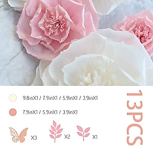 13 Pieces 3D Paper Flowers Pink White with Trees 10" 8" 6" 4" Craft DIY Large Wall Decorations Pom Pom Giant Backdrop Photo Booth Baby Shower Decor Centerpiece Wedding Birthday Party Craft Art