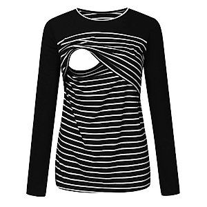 Women Nursing Maternity Layered T Shirt Breastfeeding Long Sleeve Tunics Blouse Pregnancy Striped Packwork Tees Sweatshirts (Black, M)