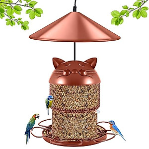 CEED4U Bird Feeder for Outdoors 4LB Seeds Retractable Large Wild Bird Feeders with Hook and Cover Metal Hanging Bird Feeders Garden Yard for Outside Cute Cat Shaped Brown