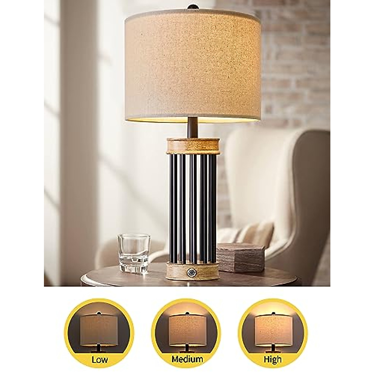 G-SAFAVA 24" USB A+C 3-Way Dimmable Touch Control Industrial Table Lamp Set of 2 for Living Room Nightstand Beside Lamps for Bedroom(Include Two Bulbs)