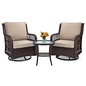 GAOMON Rattan Chairs Rocking Swivel Chair Outdoor Set with Side Table and Cushions, Patio Conversation Furniture Set 3 Piece for Outside Porch Deck Balcony Garden Backyard (Beige Cushions)