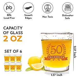 Bisyata 50th Birthday Shot Glass Gift Set for Women Men - 50 Birthday Party Decoration - 50th Gold Anniversary Table Decoration or Gift - 2oz Set of 6 - With Gift Box