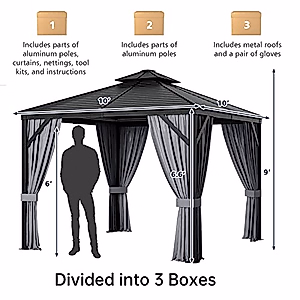 Tangkula 10x10 Ft Hardtop Gazebo, Double-Top Outdoor Gazebo with Galvanized Steel Roof, Anti-Rust Aluminum Frame, Patio Gazebo Pavilion with Netting and Curtains for Patio, Garden, Lawn