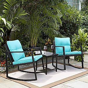 Greesum 3 Pieces Rocking Wicker Bistro Set, Patio Outdoor Furniture Conversation Sets with Porch Chairs and Glass Coffee Table, Blue