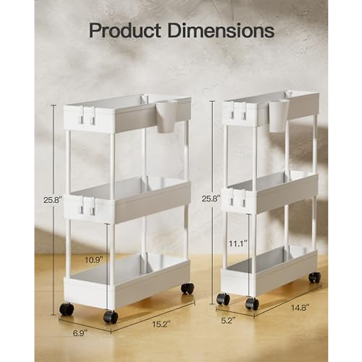 Pipishell Bathroom Cart, 2 Pack Slim Storage Cart Organizer with Hanging Cups & Hooks, Rolling for Bathroom, Laundry Room, Kitchen, Set of 2, PIUC07WK2