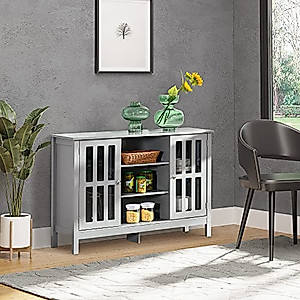 HOMCOM Sideboard, Buffet Cabinet, Coffee Bar Cabinet, Kitchen Cabinet with Storage Shelves, Slatted Framed Doors and Cable Management for Living Room, Gray