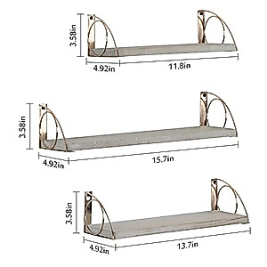 NEX Floating Shelves Wall Mounted Set of 3, Rustic Wood Wall Shelves with Gold Frame for Wall Décor, Bedroom, Bathroom, Living Room, Kitchen.