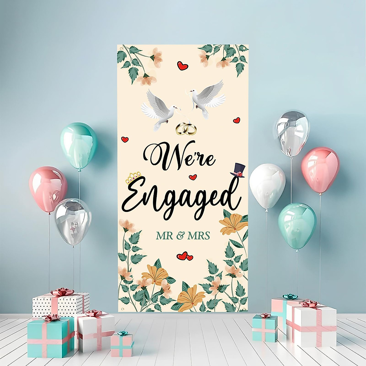 Kimini-Ki We're Engaged Door Cover, Engagement Door Banner, Engagement Party Sign, Bridal Shower Mr & Mrs Bride to Be Bachelorette Wedding Party Banner Decoration Supplies