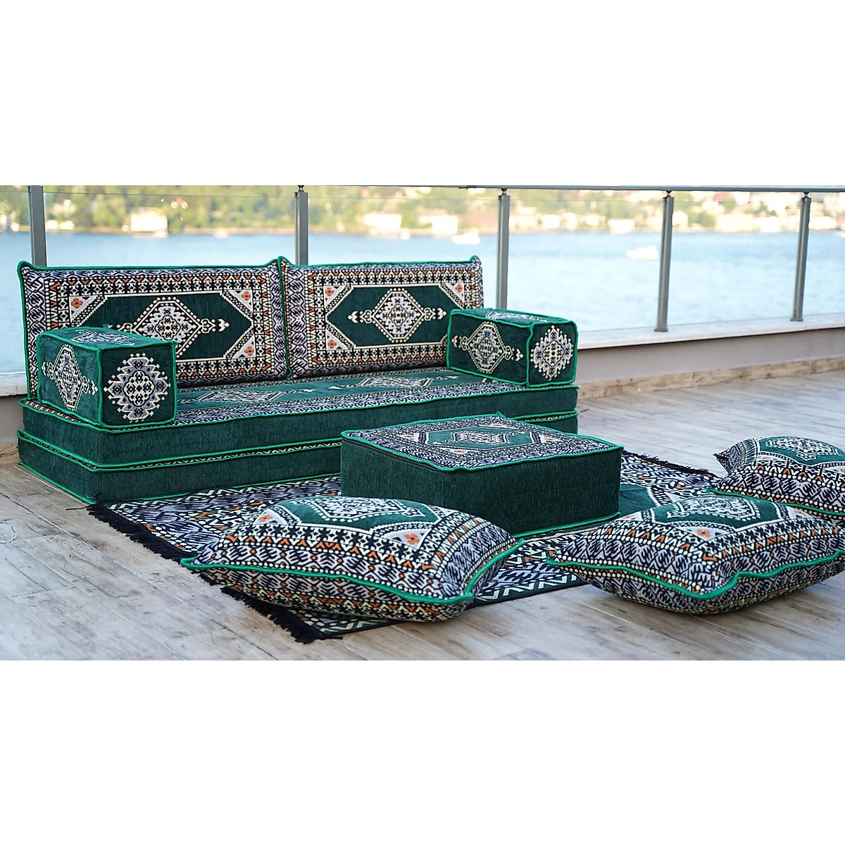 Green Floor Couch Set, Sectional Sofas, Arabic Floor Sofa Set, Yoga Meditation Mat, Futon Sofa Bed, Sofa Covers (Sofa Full Set, 8'' Thickness (20 cm))