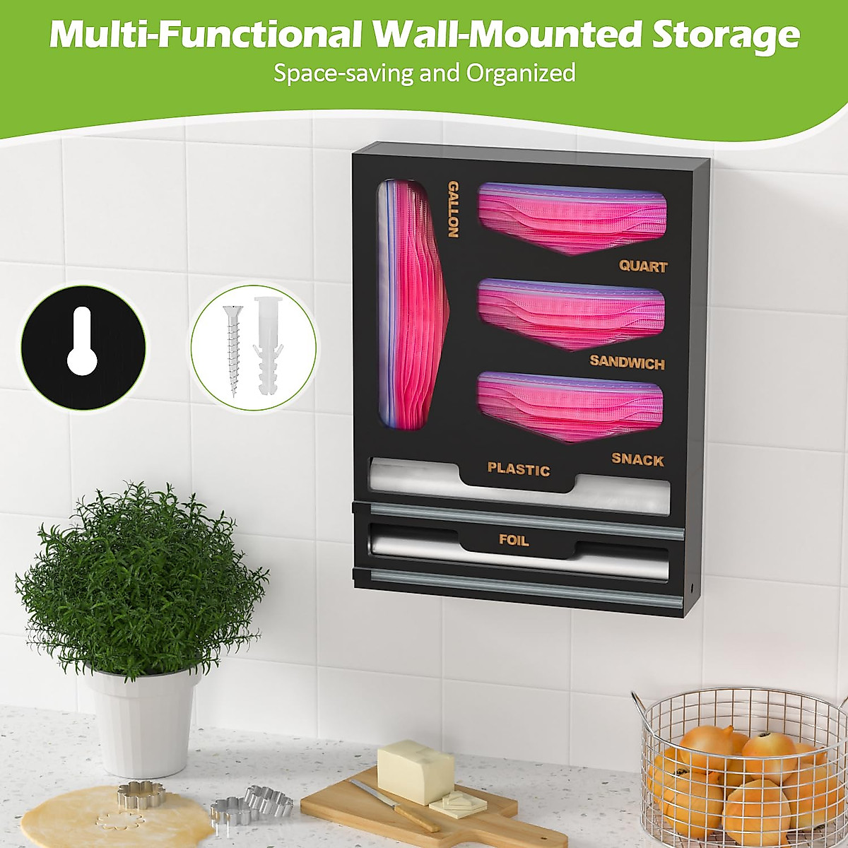 LUYABA 6 in 1 Bag Organizer and Wrap Dispenser with Magnetic Lid - Plastic Wrap Dispenser with Cutter for Kitchen Drawer, Storage for Gallon, Quart, Sandwich, Snack Bags, and Foil Black