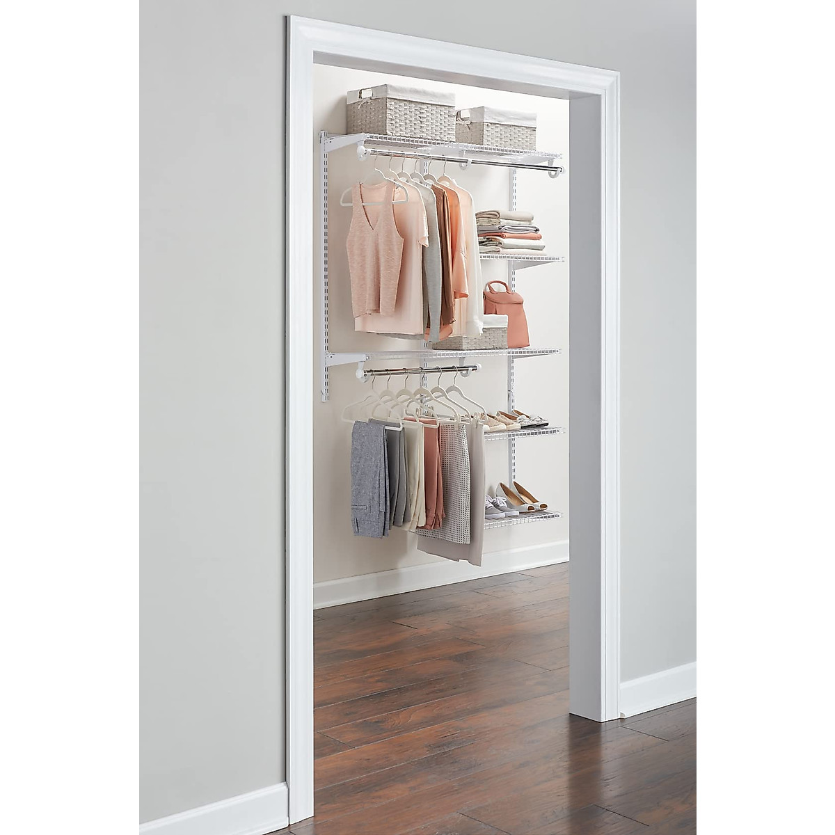 Rubbermaid Configurations Deluxe Closet Kit, White, 4-8 Ft., Wire Shelving Kit with Expandable Shelving and Telescoping Rods, Custom Closet Organization System, Easy Installation