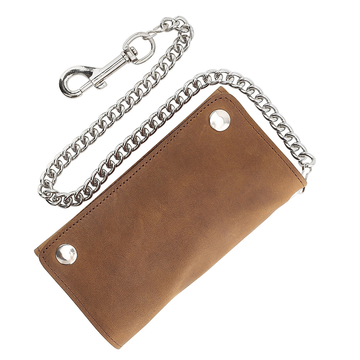 RFID Blocking Men's Tri-fold Vintage Long Style Cow Top Grain Leather with Steel Chain Wallet,Made In USA,Snap closure,G-pu339,crazy horse brown