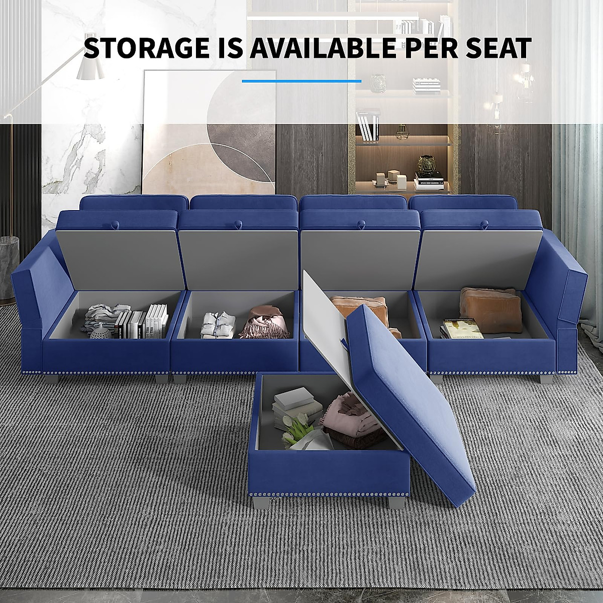 PUREMIND Modular Sectional Sofa with Reversible Storage Ottoman, Convertible U Shaped Couch with Adjustable Armrest & Backrest, Velvet 6 Seater L Shaped Sofa Sleeper for Living Room, Blue