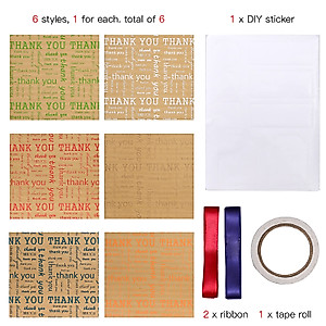 Packanewly Wrapping Paper - 6 Folded Kraft Sheets with DIY Sticker, Ribbon, Tape - Word Thank You Design Gift Wrap Sheet - 19.6 x 27.5 inches per Sheet