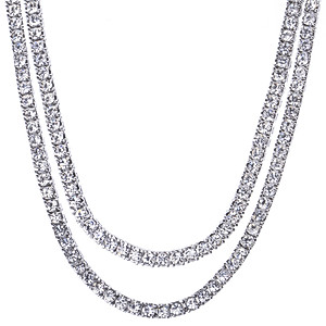 Hip Hop Iced Bling Silver Plated CZ Stoned 4 mm 2 Combo Set 16" + 18" Tennis Chain Choker Necklace Lab Diamond Rapper