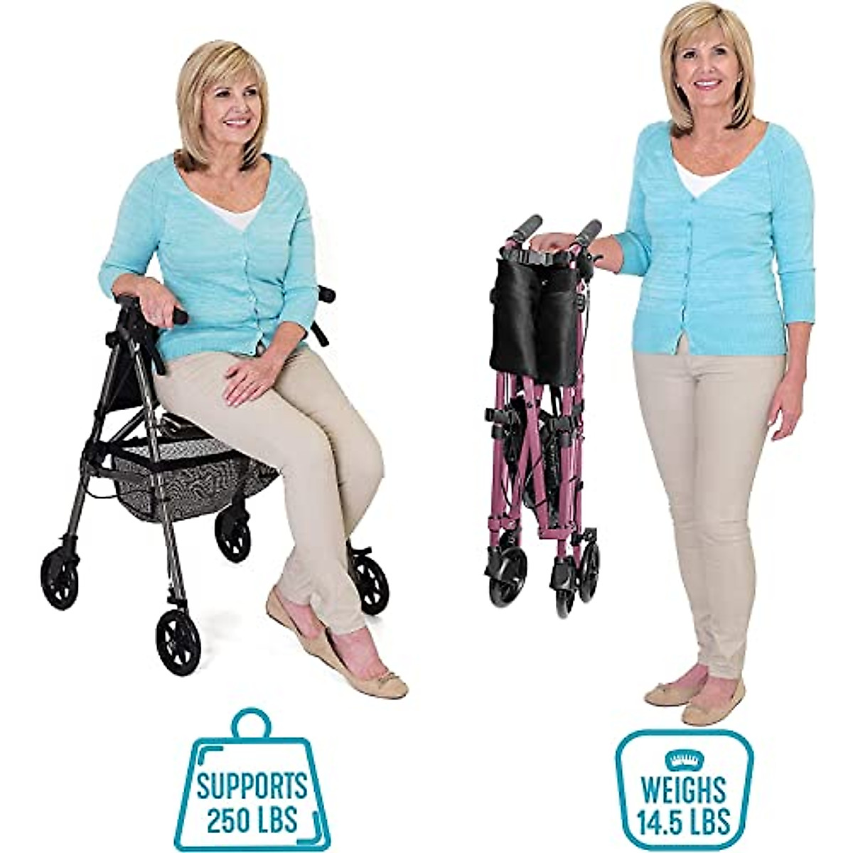 Stander EZ Fold-N-Go Rollator, Lightweight Folding Mobility Rolling Walker for Seniors and Adults, 6-inch Wheels, Locking Brakes, and Padded Seat with Backrest, Regal Rose