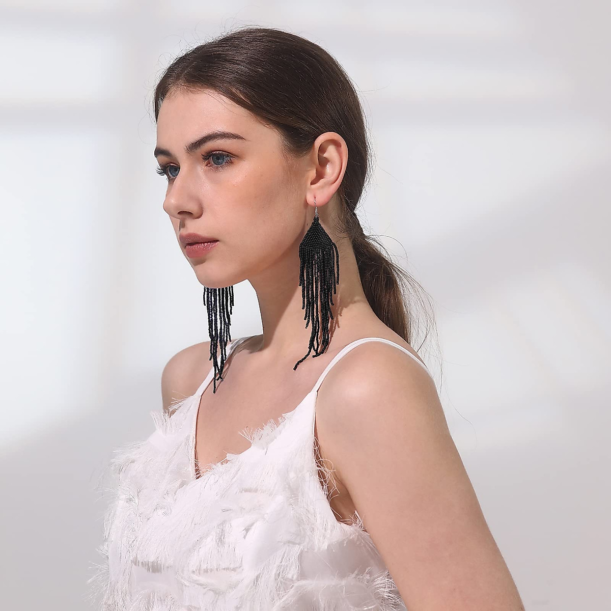 Handmade Beaded Tassel Earrings - Boho Drop Fringe Earrings for women, Native American Indian Earrings (Long Black)