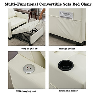 EXZLFA Futon Sofa Bed, 3-in-1 Convertible Sleeper Beds with USB Ports and Cup Holder,Adjustable Backrest Lounge Chair for Living Room，Bedroom,Guest Room (Leather - White)