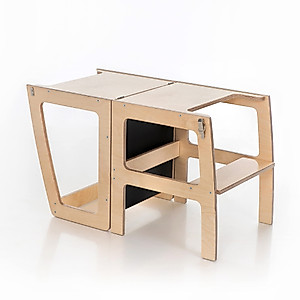 Foldable Montessori Helper Tower - Table and Chair with Blackboard All-In-One, Foldable Helper Tower for Toddlers (Natural Lacquered)