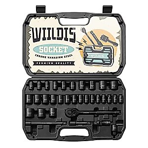 WIILDIS Impact Socket Set, 33-Piece, 3/8" Drive Socket Set with 72 Teeth Reversible Ratchet Wrench, CR-V, 6 Point, SAE/Metric, 5/16 Inch - 7/8 Inch, 6mm - 24mm, Mechanic Tool Kits for Men