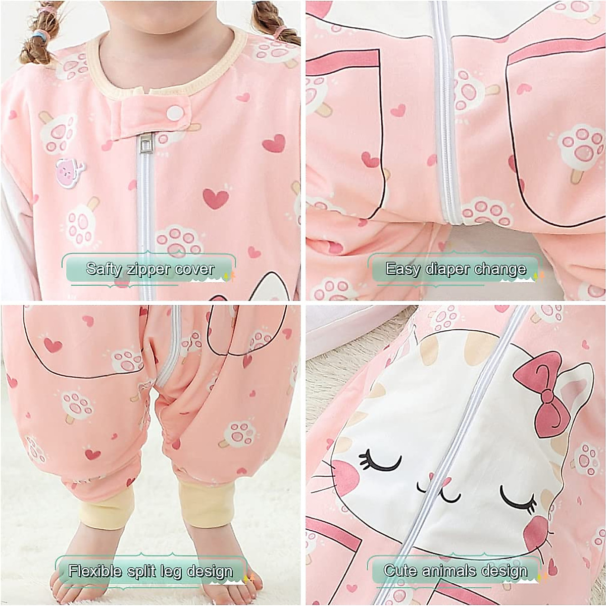 MICHLEY Unisex Baby Wearable Blanket Autumn Winter Toddler Sleeveless Sleeping Bag with Feet,Cat,1-3T