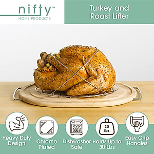 Nifty Turkey Lifter - Easy-Grip Handles, Chrome Plated Steel, Up to 30 Pound Roast, Dishwasher Safe, Heavy-Duty Design for Goose, Turkey, Ham, or Roast