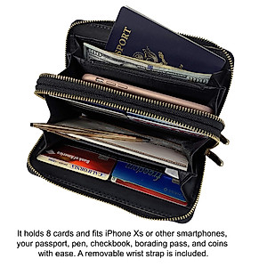 Double Zipper Wristlet Wallet Long Zip Around Clutch Travel Purse for for Cards, Cash, Checkbook, Passport (Grain-Brown 01)