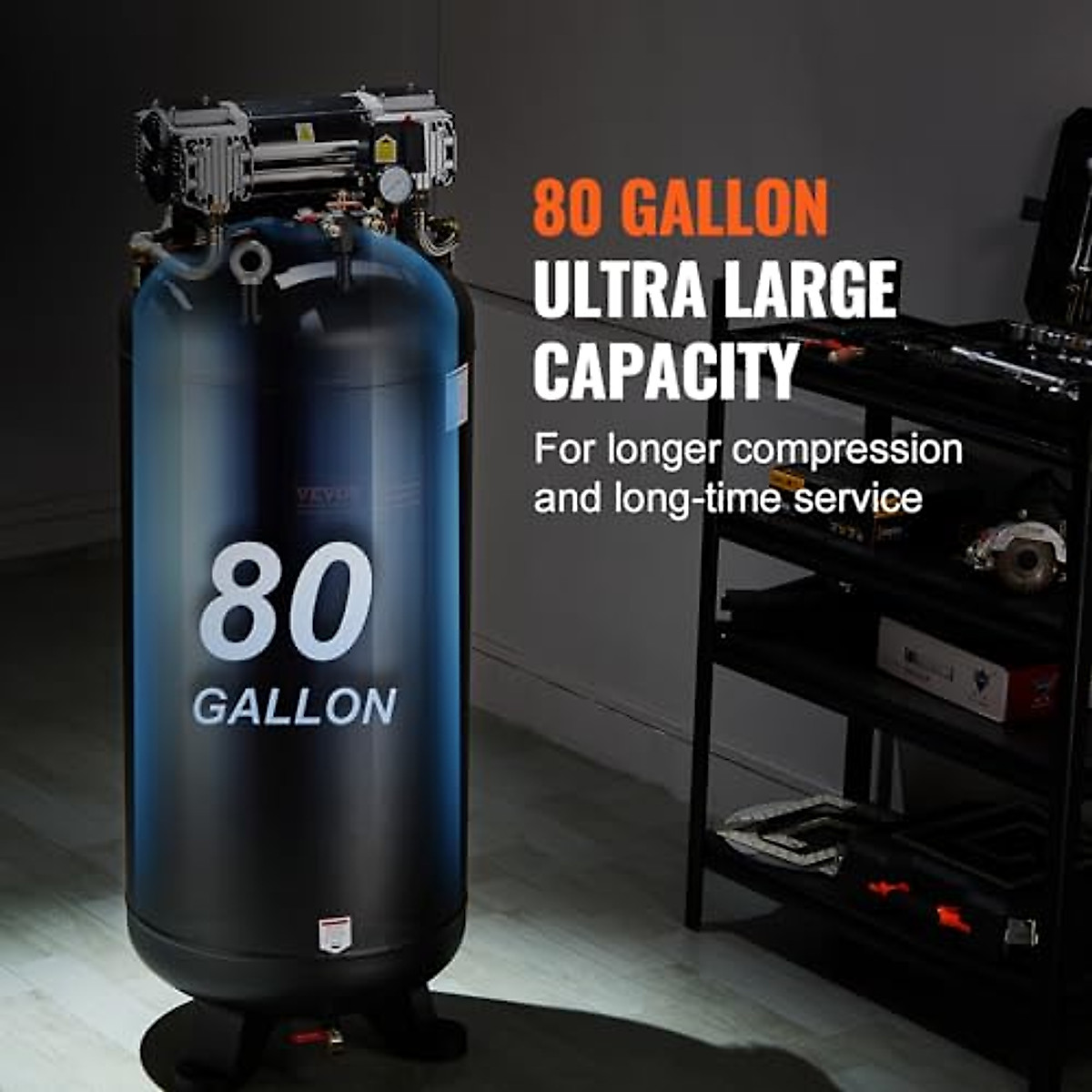 VEVOR 80 Gallon Air Compressor, 6.5HP 15.5SCFM@90 PSI, 2-Stage 145PSI Oil Free Stationary Compressor Tank, 86dB Quiet Compressor for Industrial Manufacturing, Workshops (220V/60Hz Single-Phase Power)