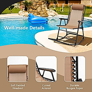 Tangkula Outdoor Folding Rocking Chair, No Assembly Required, Foldable Rocker Recliner with Headrest, Portable Lounge Chair for Camping, Patio, Lawn, Garden, Yard or Balcony Beige