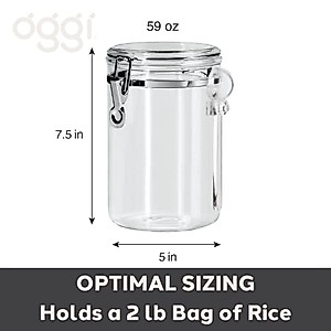 OGGI Clear Canister Airtight 59oz - Clamp Lid & Spoon - Airtight Food Storage Containers, Ideal for Kitchen & Pantry Storage of Bulk, Dry Food Including Flour, Sugar, Coffee, Rice, Tea, Spices & Herbs
