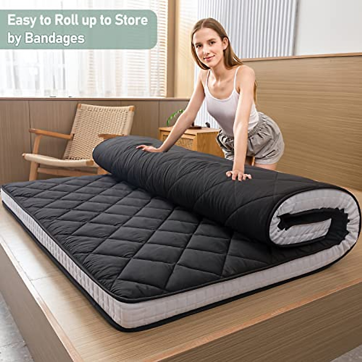 MAXYOYO Japanese Floor Futon Mattress Full Size, Floor Couch for Adults Roll Up Folding Floor Bed Portable Mattress Foam Mattress Queen, Diamond Patterned Japanese Futon Bed, Black