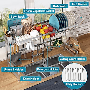 romision Over The Sink Dish Drying Rack, 2-Tier Adjustable Length(33.5-36.2in) Stainless Steel Dish Rack Over Sink, Expandable Large Dish Drainer for Kitchen Counter with 8 Hooks, Sliver