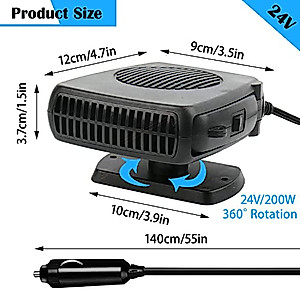 Portable Car Heater,200W 2 in 1 with Heating and Cooling Modes for Fast Heating Defrost Defogger, Automobile Windscreen Fan in Cigarette Lighter (24V)