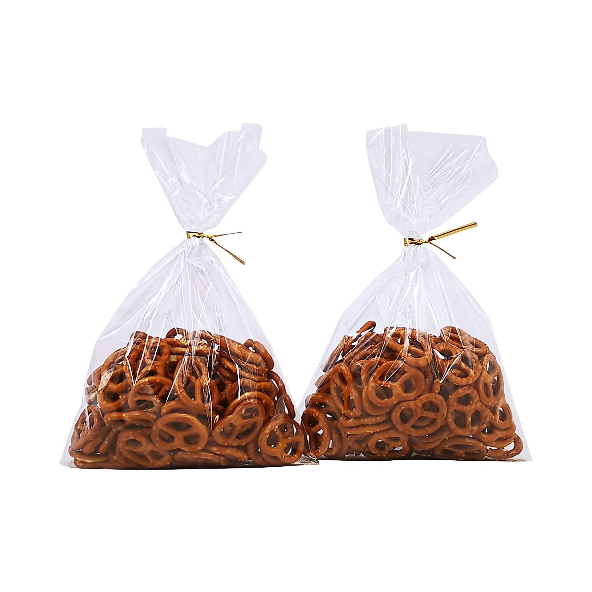 Wowfit 50 CT 8” x 12” Clear Flat Cellophane Treat Bags with 6” Gold Twist Ties, Cello Packaging for Mugs, Dessert, Muffins, Party Favors and Gift Wrapping