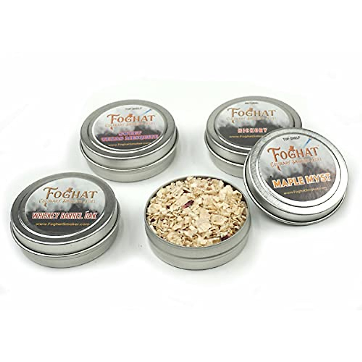 Foghat Fuel Sampler Four Pack | Whiskey Barrel Oak, Old Hickory, Sweet Texas Mesquite, Maple Myst Wood Shavings, 4 x 1oz | Cocktail and Culinary Wood Chips for Smoking