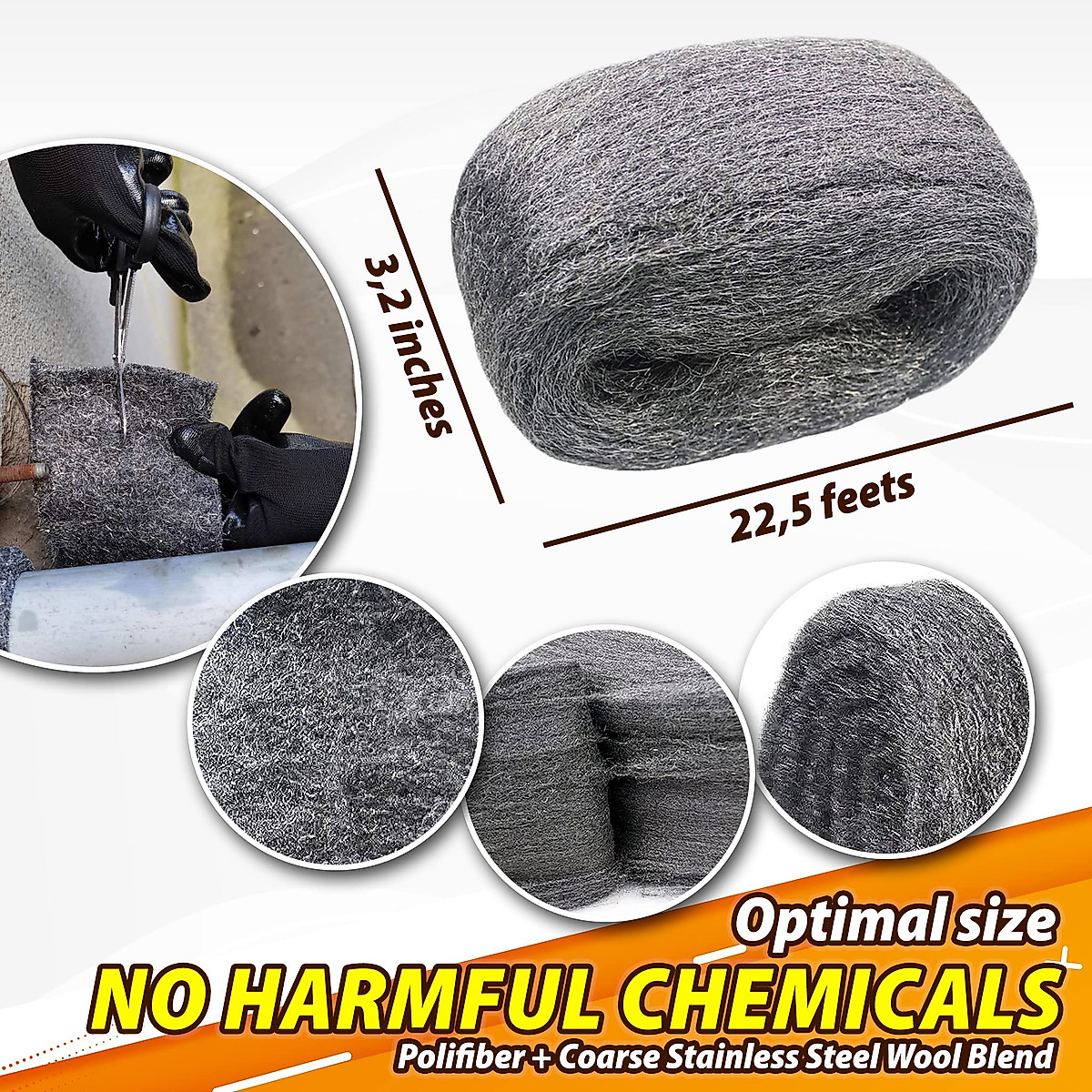 Steel Wool Mice Fabric Roll Control 2 Pcs Total (3.2”x 22.5 Feet) - Gap Fill Fabric - Block Holes, Wall Cracks, Cleans Rusty Tools, Hardware DIY Kit - One Pair of Gloves and Scissor Included