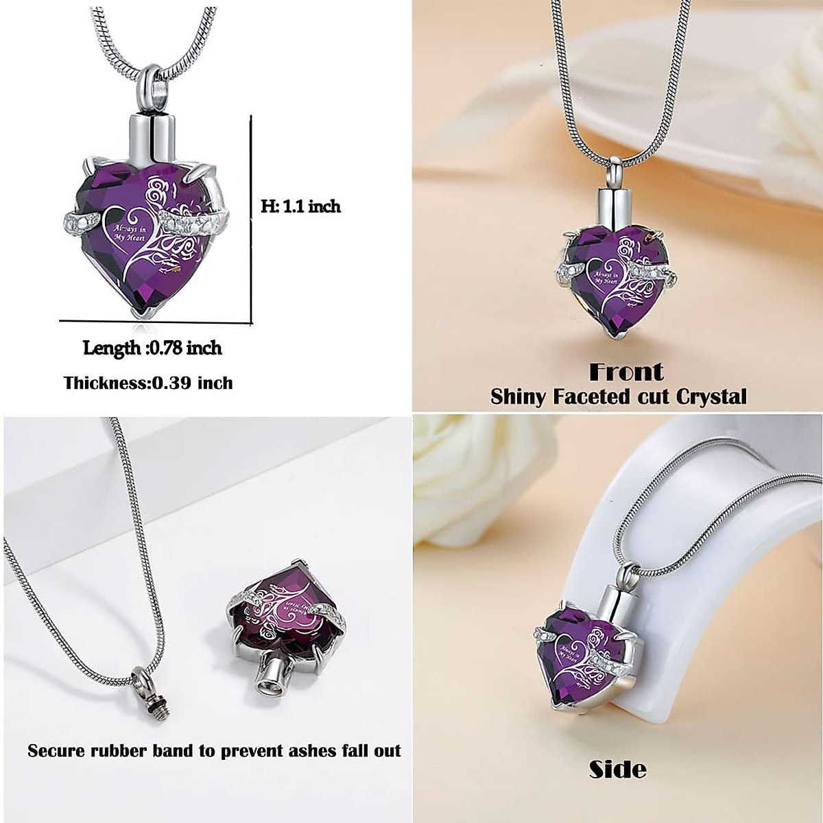 RIMZVIUX Purple Always In My Heart Urn Necklaces for Ashes Cremation Jewelry for Ashes Necklace Mom Grandma Daughter Wife Women Gift
