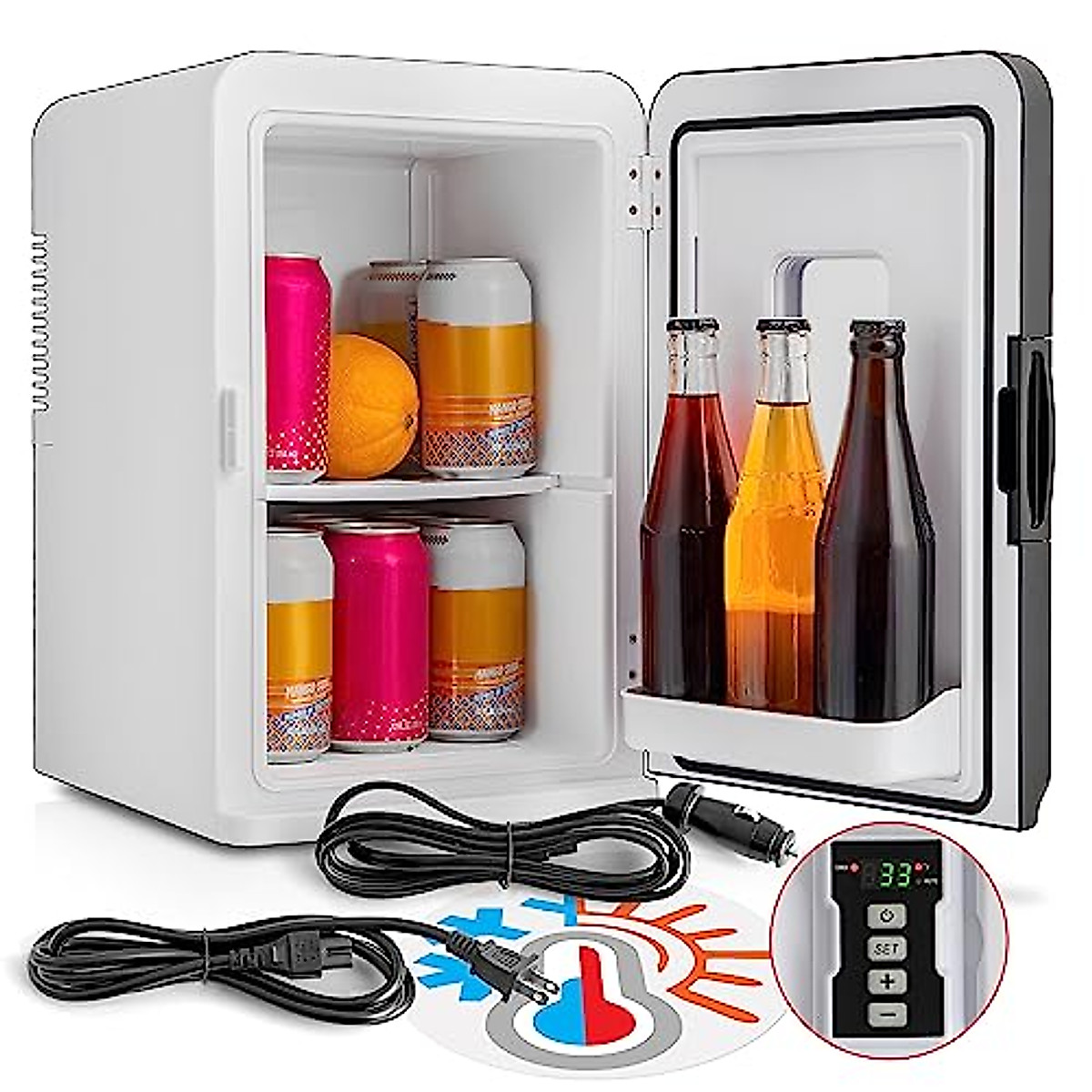 Koozam Mini Portable Compact Fridge and Warmer - For Desk home or travel Keep Your Drinks and Snacks Cosmetics and Skin Care Fresh Anywhere You Go - With Display Controller