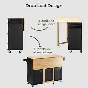 Unovivy Large Kitchen Island Cart with Drop Leaf, Kitchen Island with Storage, Rolling Kitchen Island with Adjustable Shelf Inside Cabinet, 3 Drawers, Spice Rack, Towel Rack and Wood Table Top