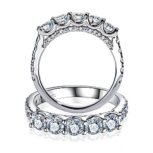 CannyCat 5 Stone Moissanite Half Eternity ring 4.0mm 2.1 CTTW Lab Created Diamond Wedding Band for Women VVS D color Moissanite Anniversary Engagement Eternity Bands Platinum Plated Silver Stacking